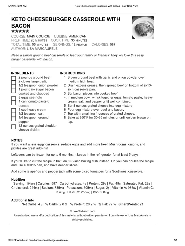 Keto Cheeseburger Casserole With Bacon Pdf