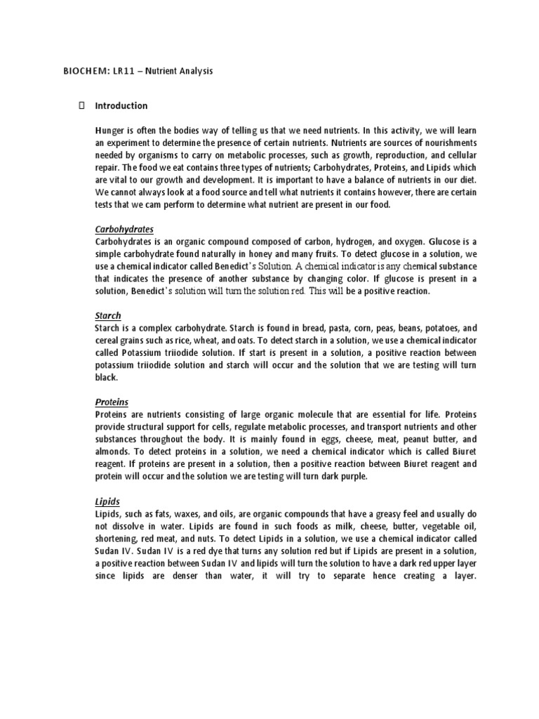 Nutrient Analysis - Lab Report - Biochem | PDF | Carbohydrates | Nutrients