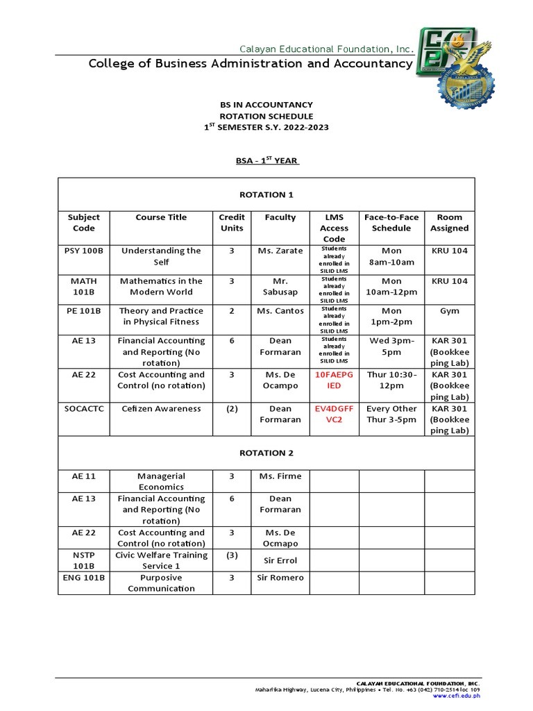 BSA 1st Sem Rot 1 SY22 23 Schedule Final | PDF | Business | Economies