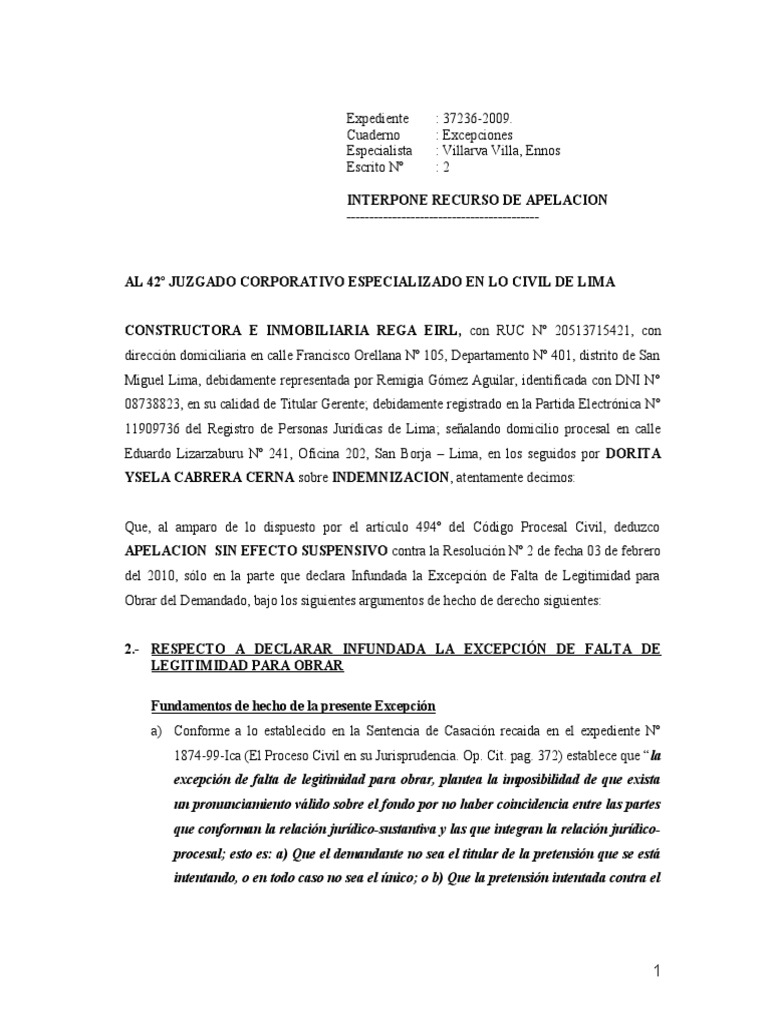 Apelación Excepcion Falta de Legitimidad - REGA EIRL | Descargar gratis ...