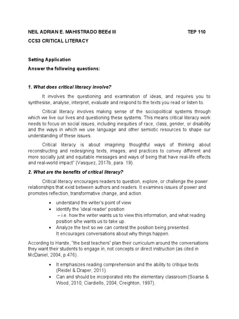 Introduction To Critical Literacy Week 1 - 2 | PDF