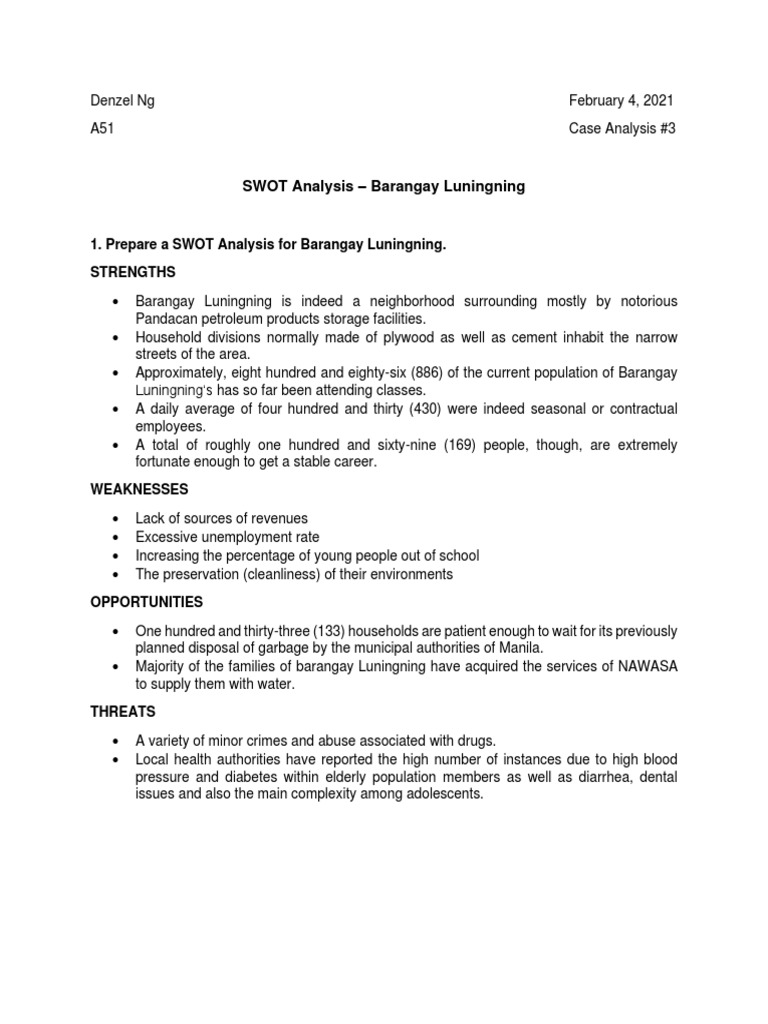 Prepare A SWOT Analysis For Barangay Luningning. Strengths | PDF ...