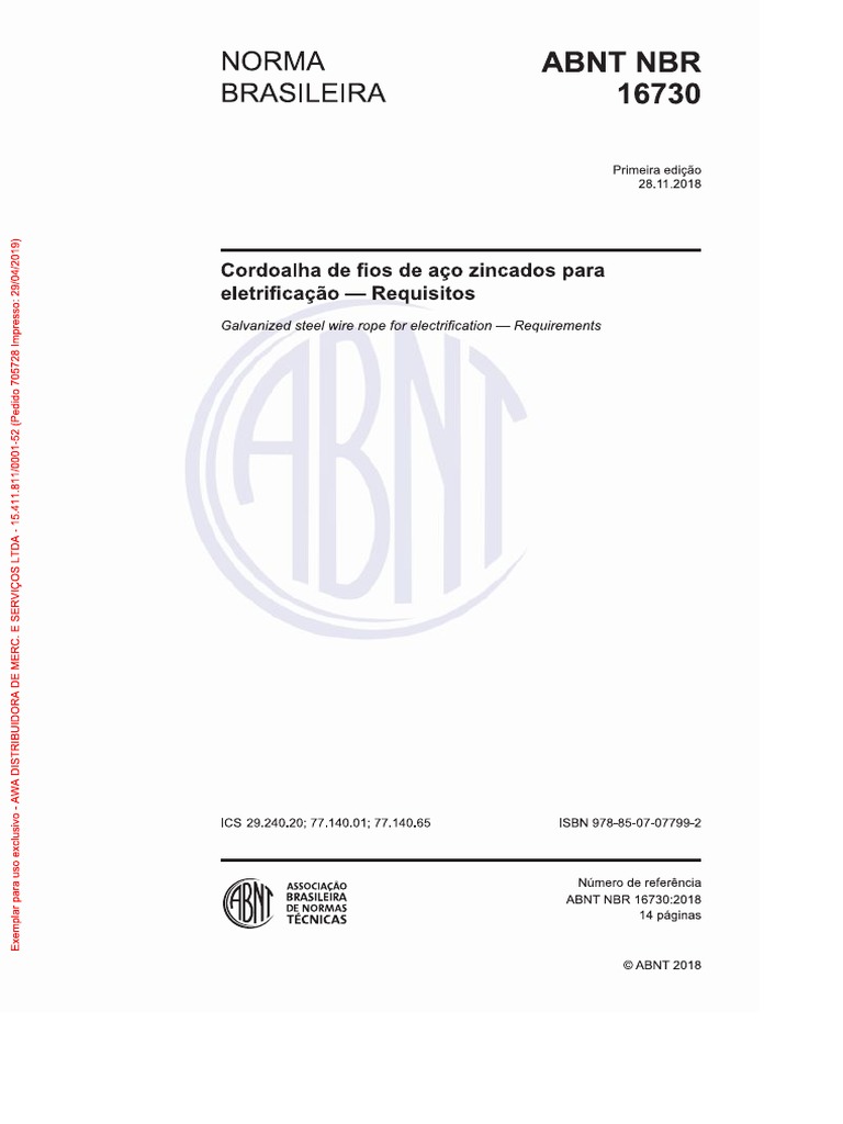 NBR 16730-2018 - Cordoalhas de Fios de Aço Zincado para Eletrificação | PDF