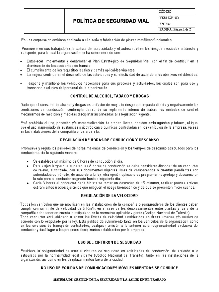 Pol-Hse-03 Política de Seguridad Vial | PDF