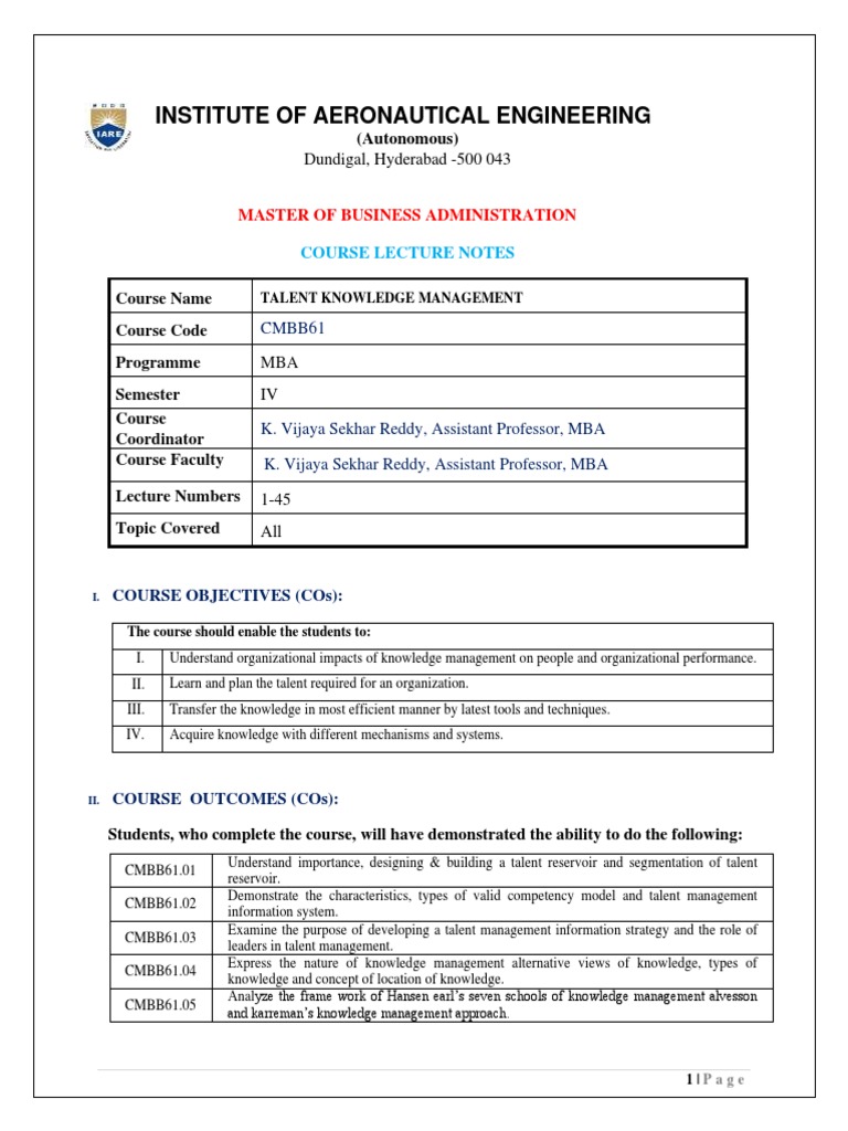 Iare TKM Lecture Notes | PDF | Talent Management | Leadership Iare TKM Lecture Notes | PDF | Talent Management | Leadership