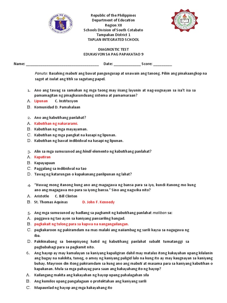 ESP 9 Diagnostic Test | PDF
