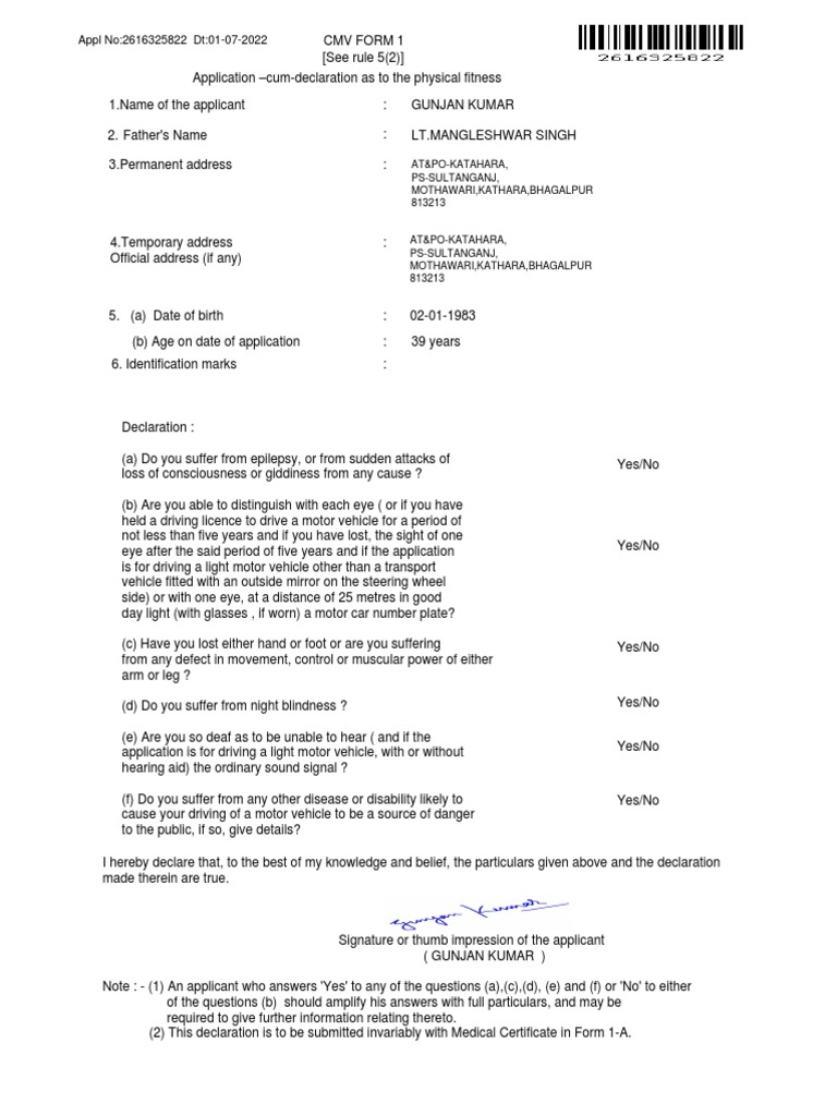 Driver's Physical Fitness Form | PDF