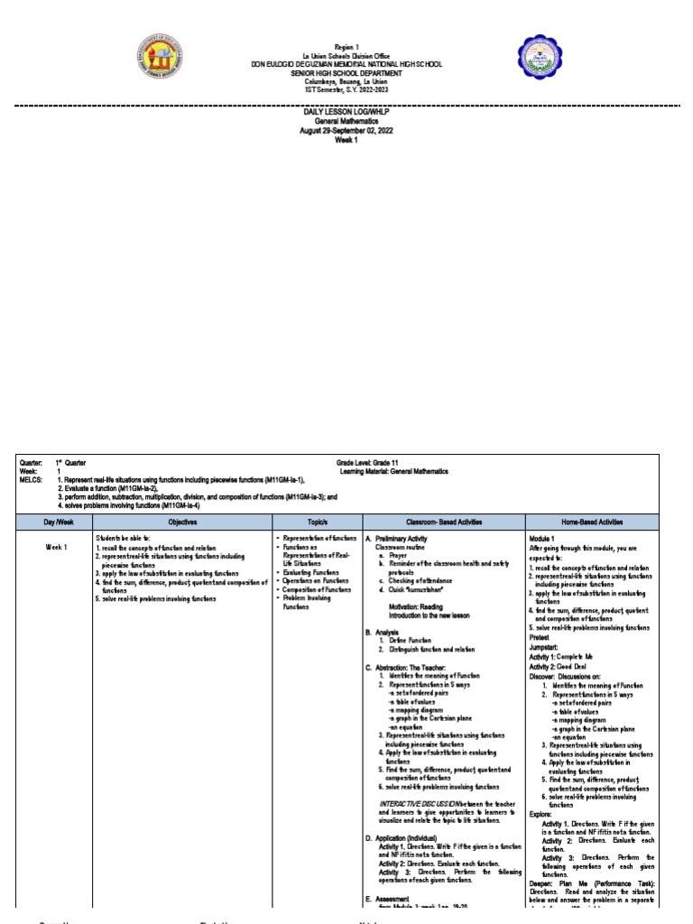 DLL - GenMath Q1 Wk1 2022 | PDF | Function (Mathematics) | Plane (Geometry)