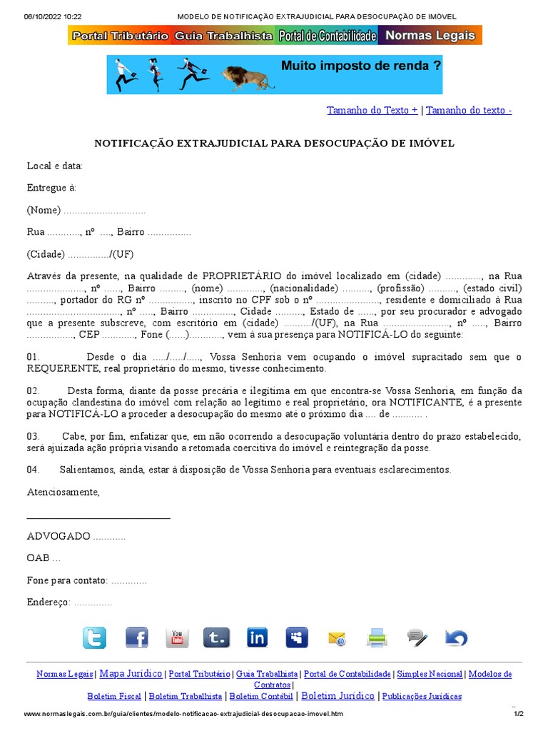 Modelo De Notificação Extrajudicial Para Desocupação De Imóvel Pdf