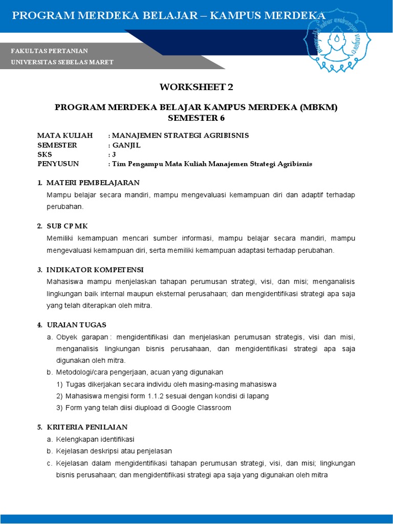 Worksheet 2 - Manajemen Strategi MBKM - Sultan Hidayatulloh - H0819105 | PDF