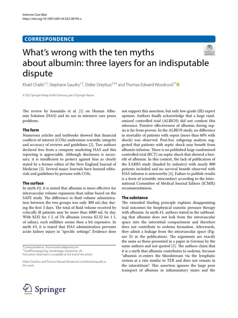 10 Myths About Albumin - Letter - ICM (2022) | PDF | Medical Specialties | Clinical Medicine
