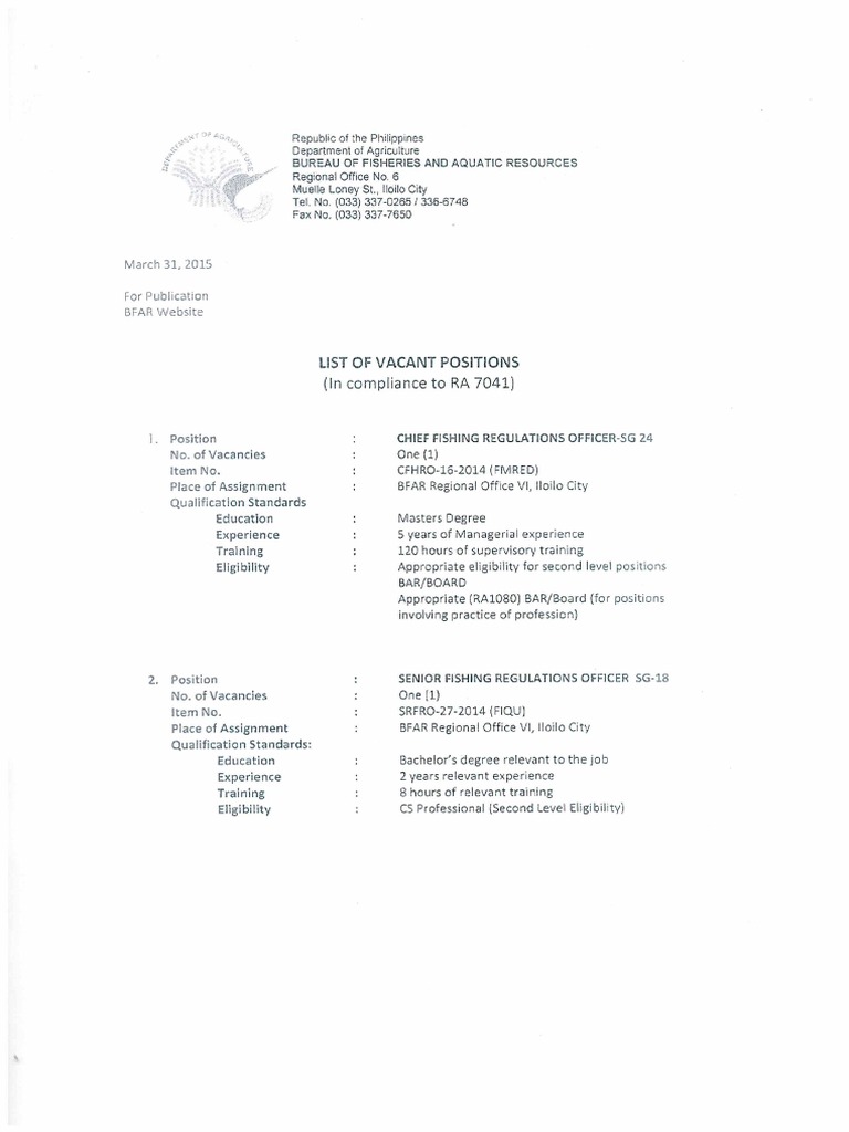 List of Vacant Positions of Bfar Regional Office Vi | PDF