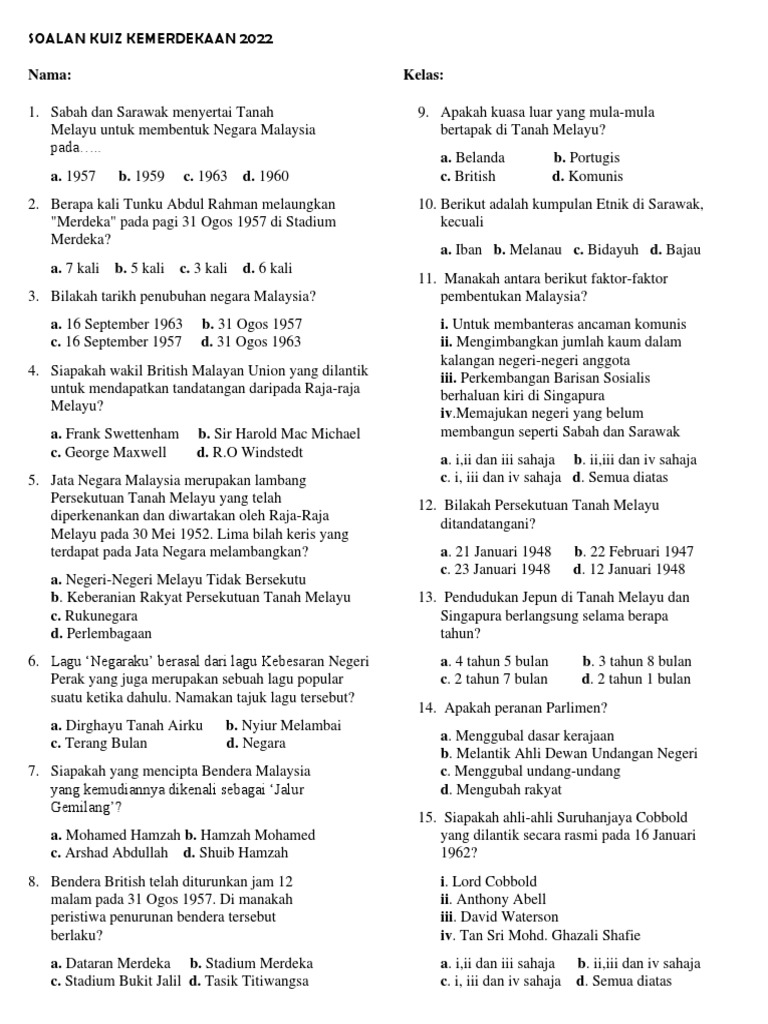 Soalan Kuiz Kemerdekaan 2022-1-2 | PDF