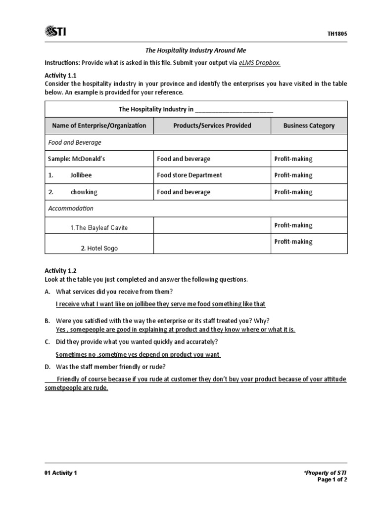 01 Activity 1 Fundamentals in Lodging Operations | PDF | Behavioural Sciences | Psychological ...