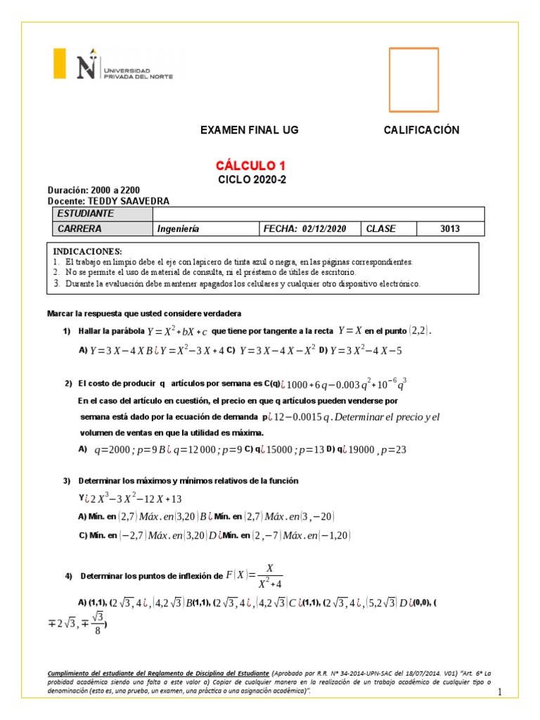 EXAMEN FINAL CÁLCULO 1 Clase 3013 | PDF