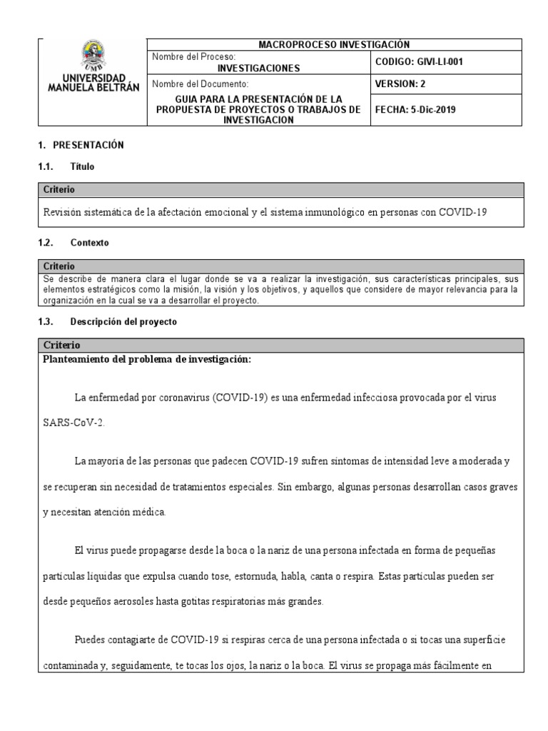 GIVI-LI-001guia para La Presentacin de La Propuesta de Anteproyecto-1 | PDF