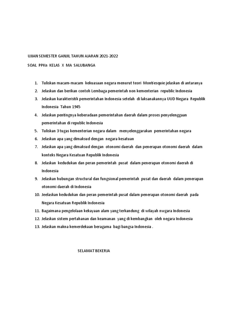 SOAL PPKN KELAS X MA SALUBANGA | PDF | Ilmu Sosial