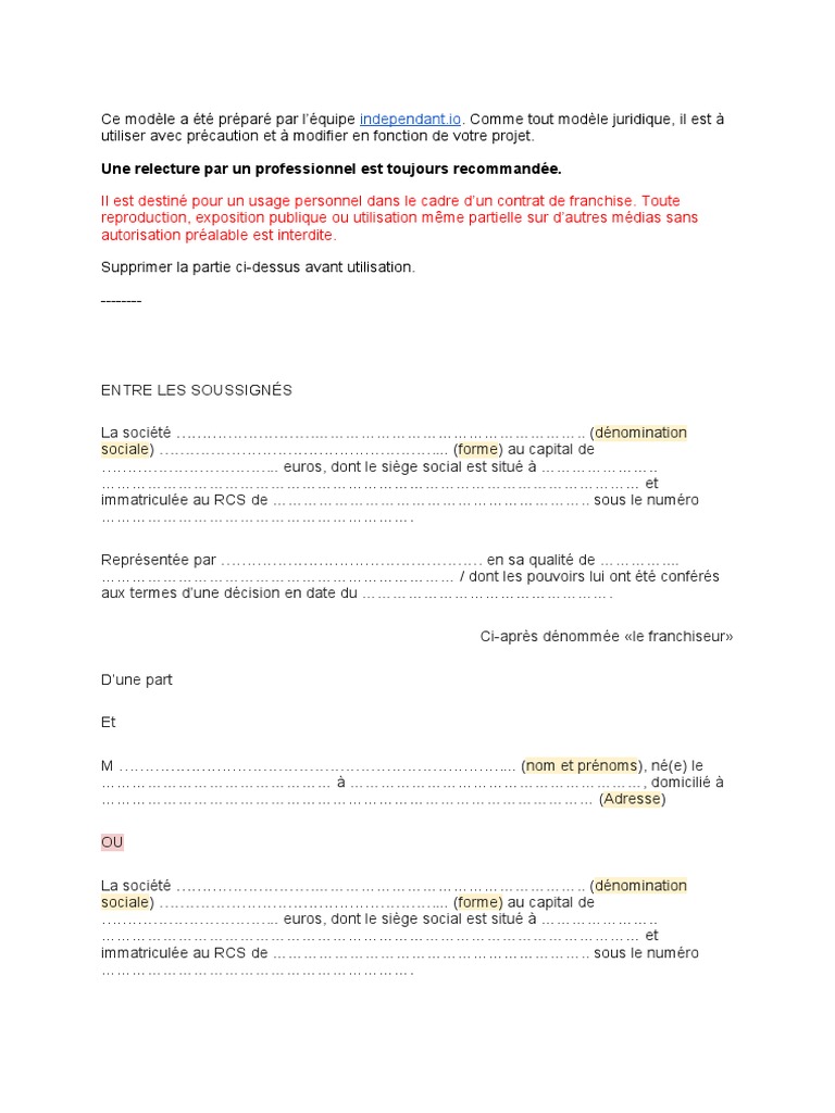 Modele Contrat de Franchise | PDF | Franchise (réseau commercial) | Justice