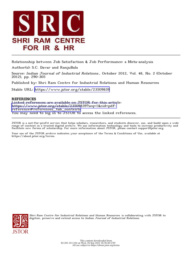 Relationship Between Job Satisfaction & Job Performance | PDF | Job ...
