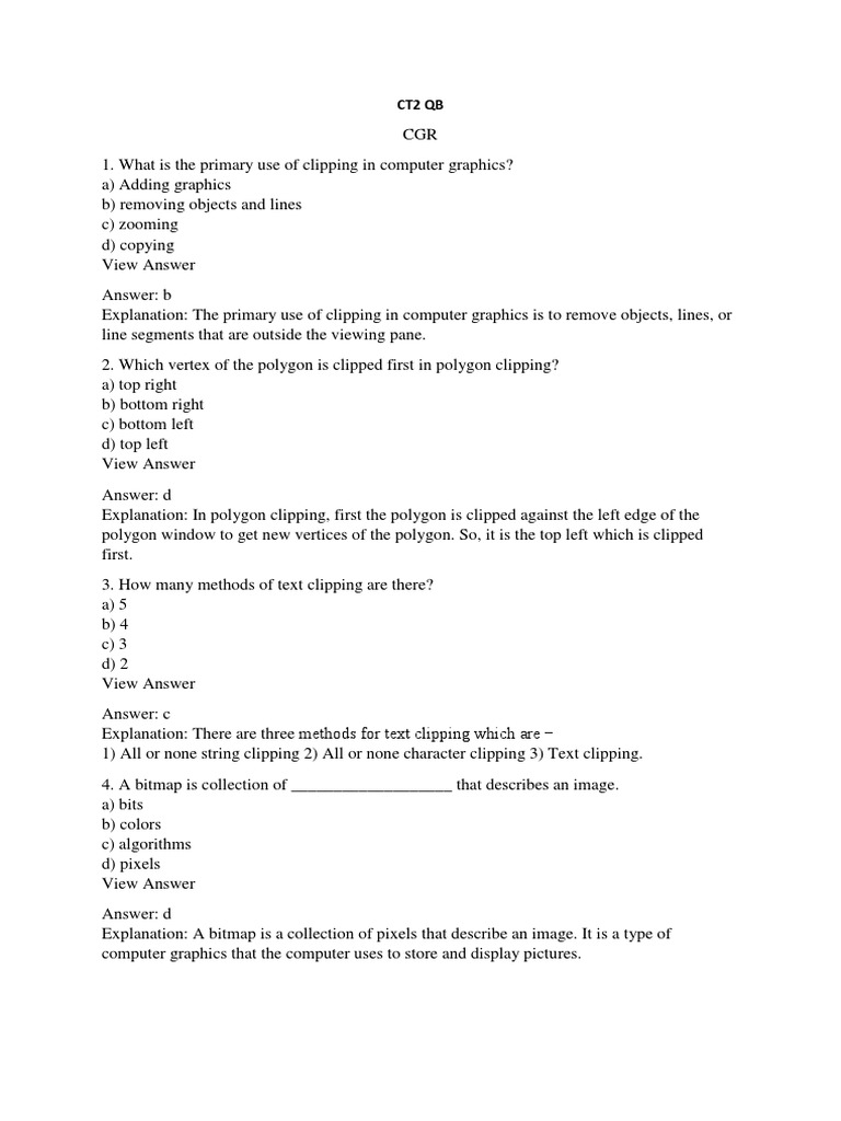 Computer Graphics Concepts CT2 QB | PDF | Mathematical Objects | Graphics