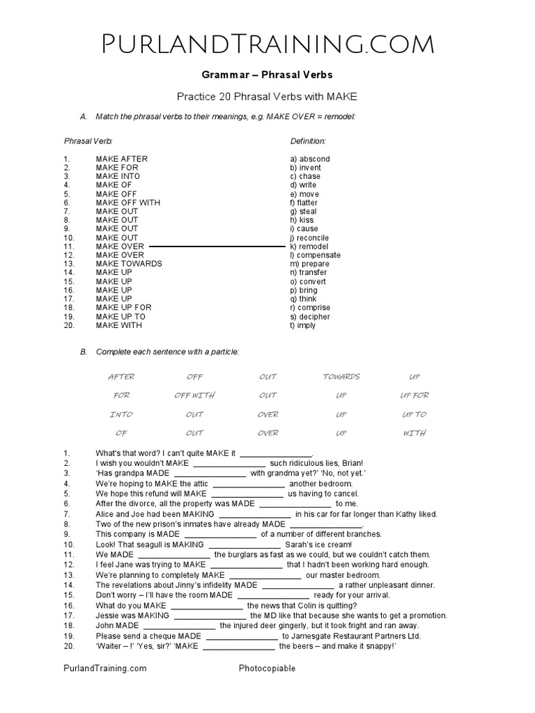 Practice 20 English Phrasal Verbs With Make | PDF | Linguistics | Grammar