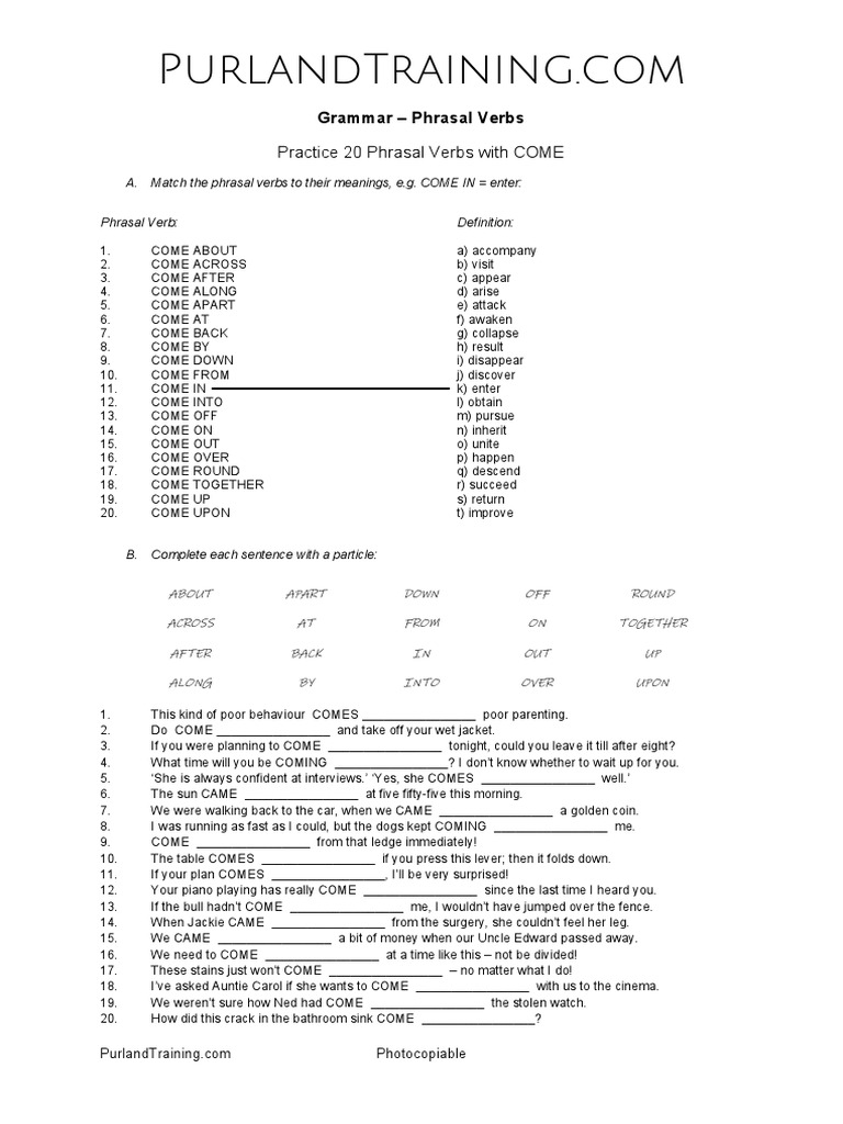 Practice 20 English Phrasal Verbs With Come | PDF | Cognitive Science ...