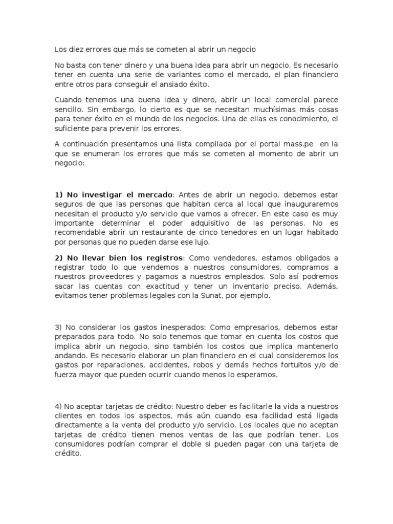 Los Diez Errores Que Más Se Cometen Al Abrir Un Negocio | PDF | Mercado ...