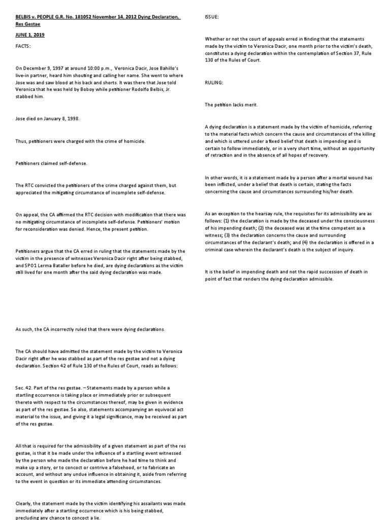 Belbis Vs People Crim Case Digest | PDF | Hearsay | Criminal Law