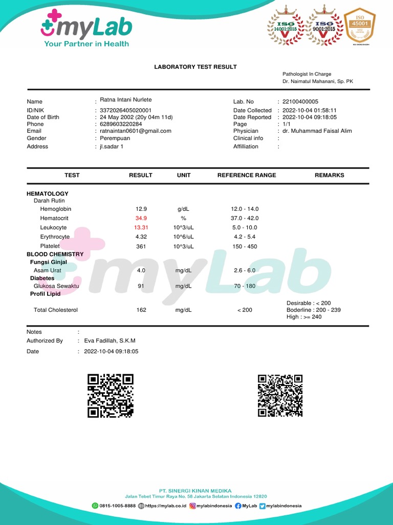 Hasil Medical Check-Up My Lab Ratna Intani Nurlete | PDF | Pathology ...
