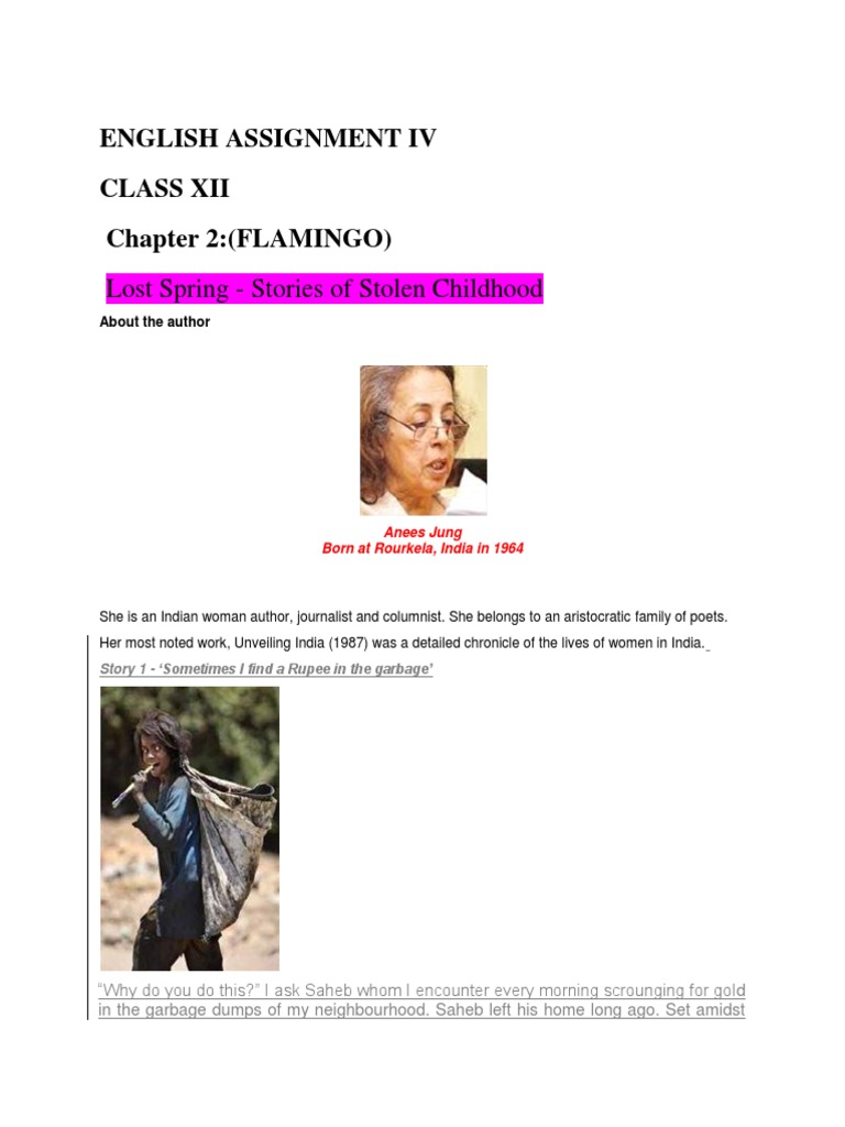 English Assignment Iv Class Xii Chapter 2: (FLAMINGO) Lost Spring - Stories of Stolen Childhood ...