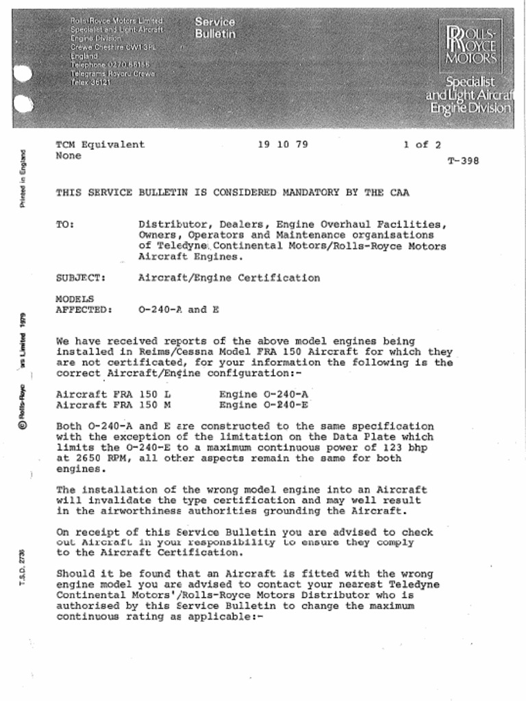 Rolls Royce Service Bulletin T398 | PDF