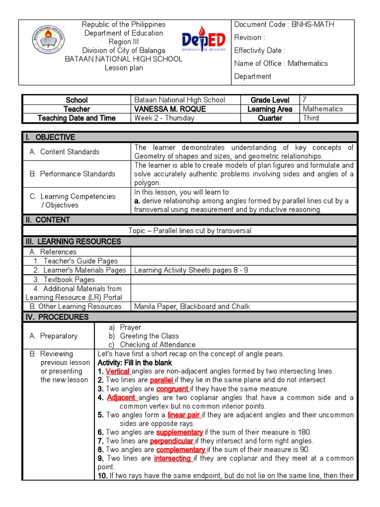 LESSON PLAN ANGLES Parralel Lines Cut by Transversal | PDF | Angle ...