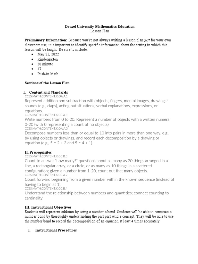 Kindergarten Number Bonds Lesson Plan | PDF | Concept | Numbers