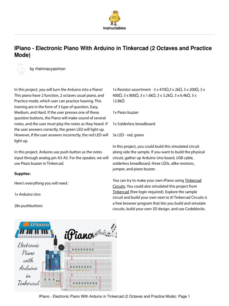 IPiano Electronic Piano With Arduino in Tinkercad 1 | PDF | Electronic ...