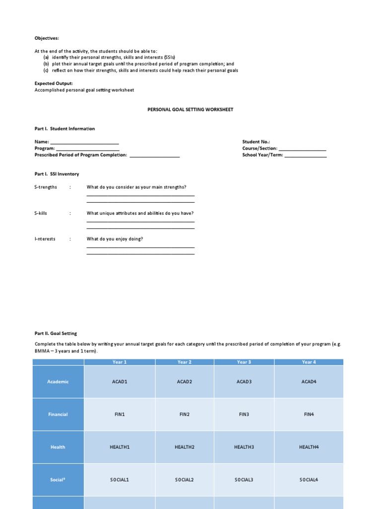 VE021 Personal Goal Setting Worksheet | Download Free PDF | Goal | Goal ...