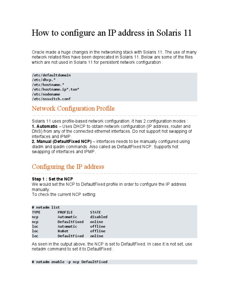 How To Configure An IP Address in Solaris 11 | PDF | Ip Address | Communications Protocols