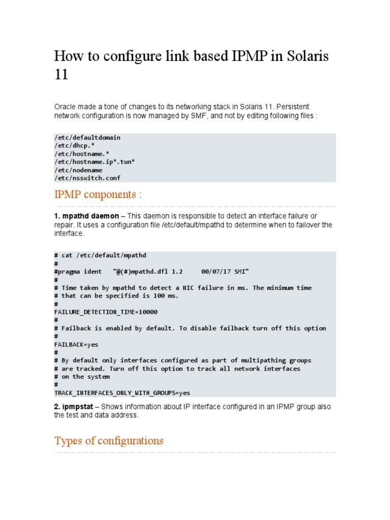 How To Configure Link Based IPMP in Solaris 11 | PDF