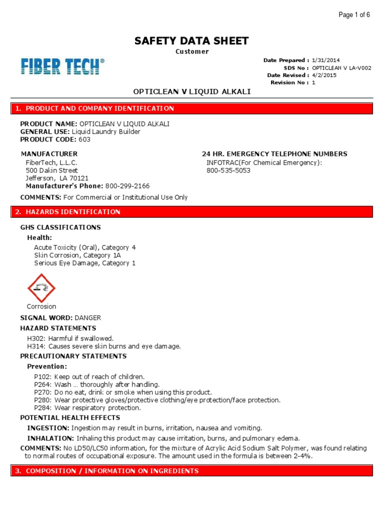 Opticlean V Liquid Alkali-V002 | PDF | Sodium | Magnesium