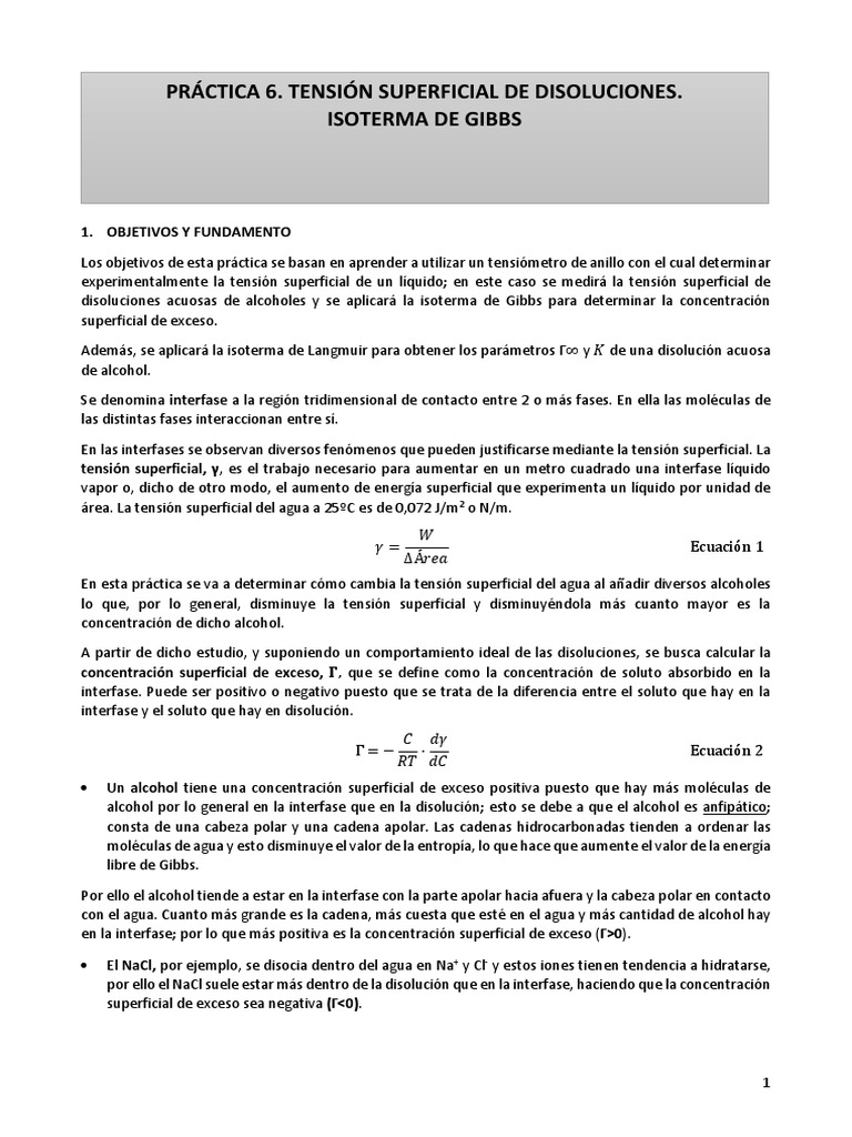 Tensión Superficial. Isoterma de Gibbs | PDF | Tensión superficial | Concentración
