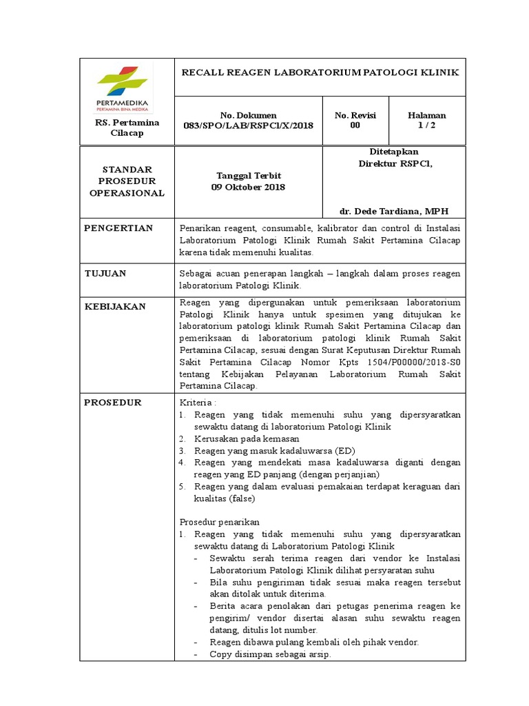 Elemen 5.5.2 - SPO RECALL REAGEN LABORATORIUM PATOLOGI KLINIK - SUDAH ...