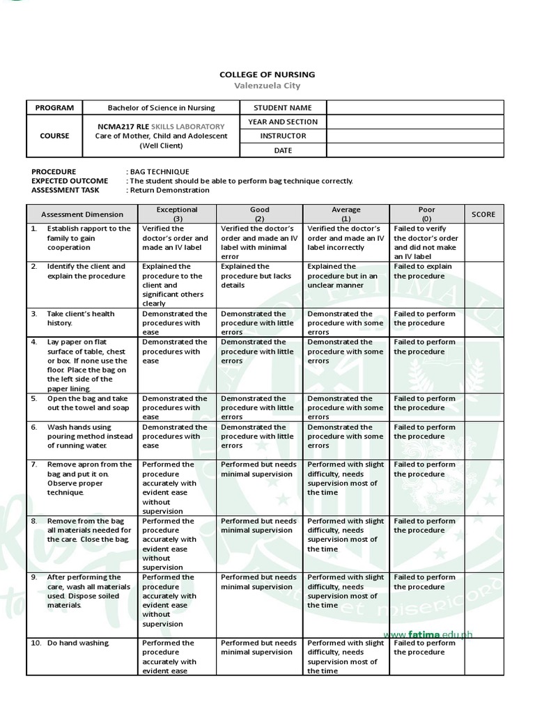 2021 Rubrics Ncma217 Rle SL - Bag Technique | PDF | Nursing | Health ...