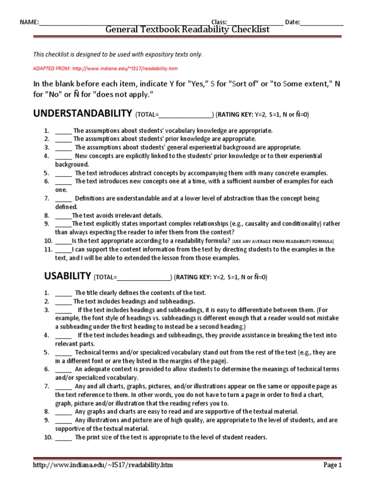Assessing the Readability, Usability, and Interest Level of Educational Texts: A Checklist for ...