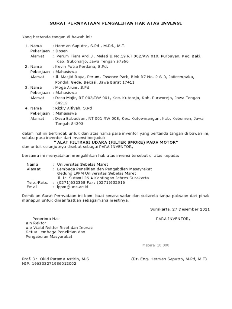 Surat Pernyataan Pengalihan Hak Atas Invensi | PDF