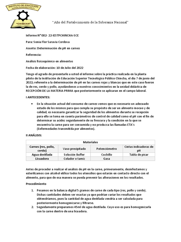 Informe de Determinación de PH de Carnes | PDF | Carne | Ph