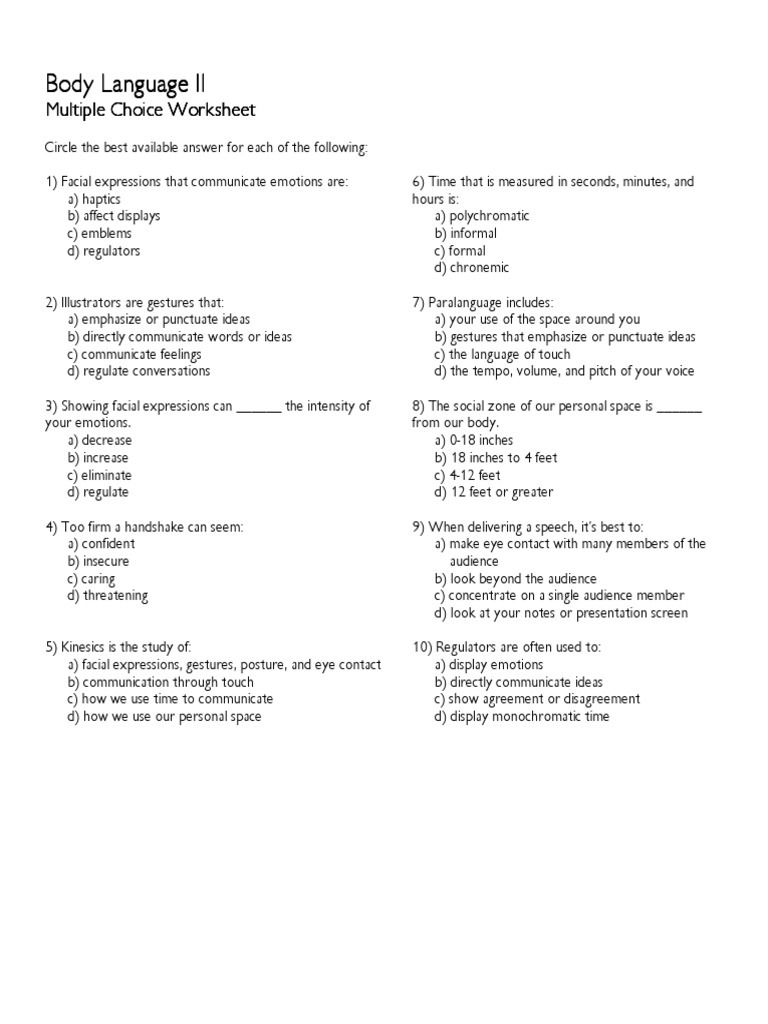 Body Language Worksheet 4 | PDF | Body Language | Gesture