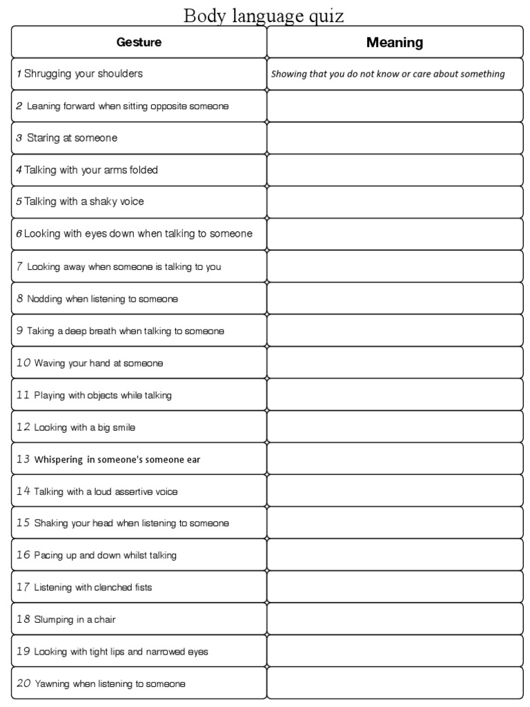 Body Language Worksheet 6 | PDF