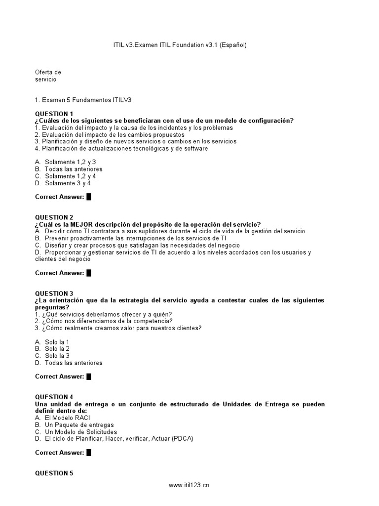 Examen Itil Resuelto | PDF | Itil | Acuerdo de nivel de servicio Examen Itil Resuelto | PDF | Itil | Acuerdo de nivel de servicio