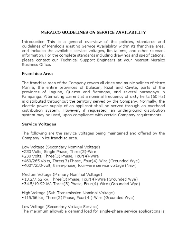 Meralco Guidelines On Service Availability | PDF | Electric Power Distribution | Mains Electricity
