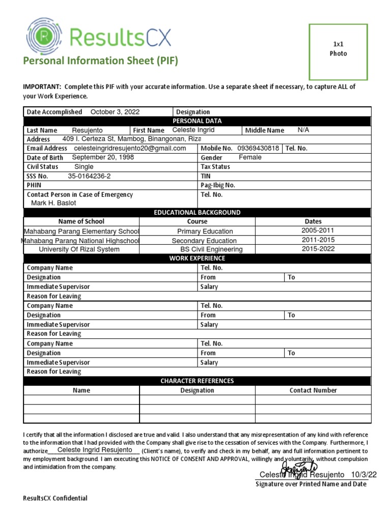 Personal Information Sheet Template | PDF