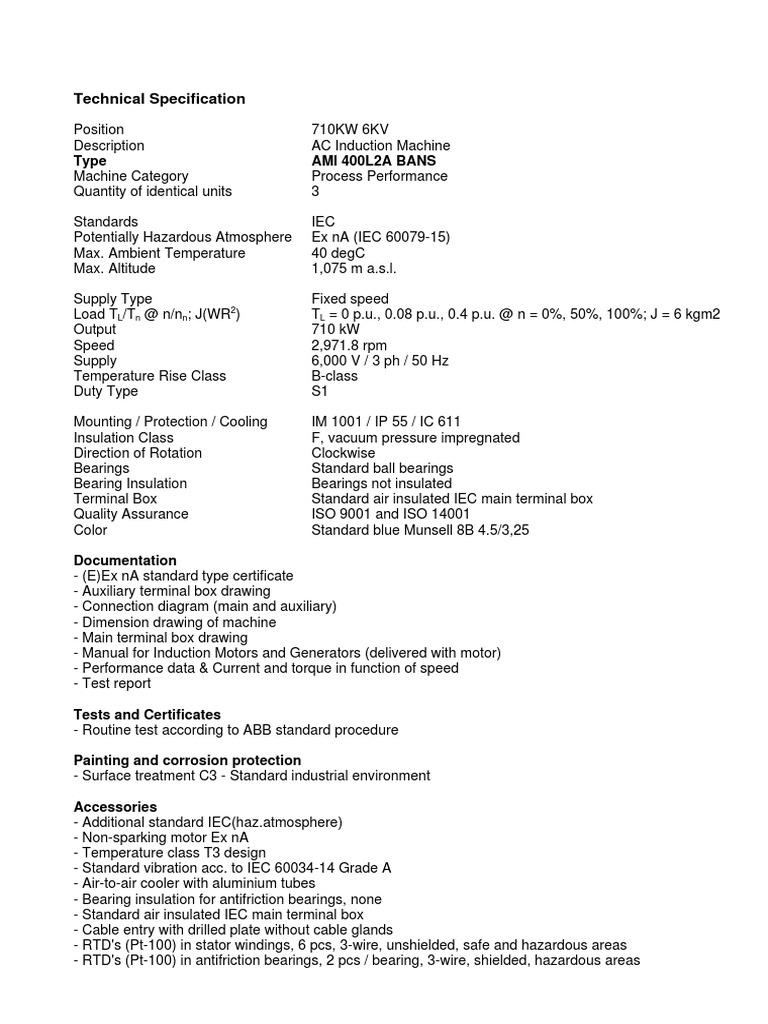 710kW 6kV AC induction machine technical specs | PDF | Electric Motor | Electromagnetism